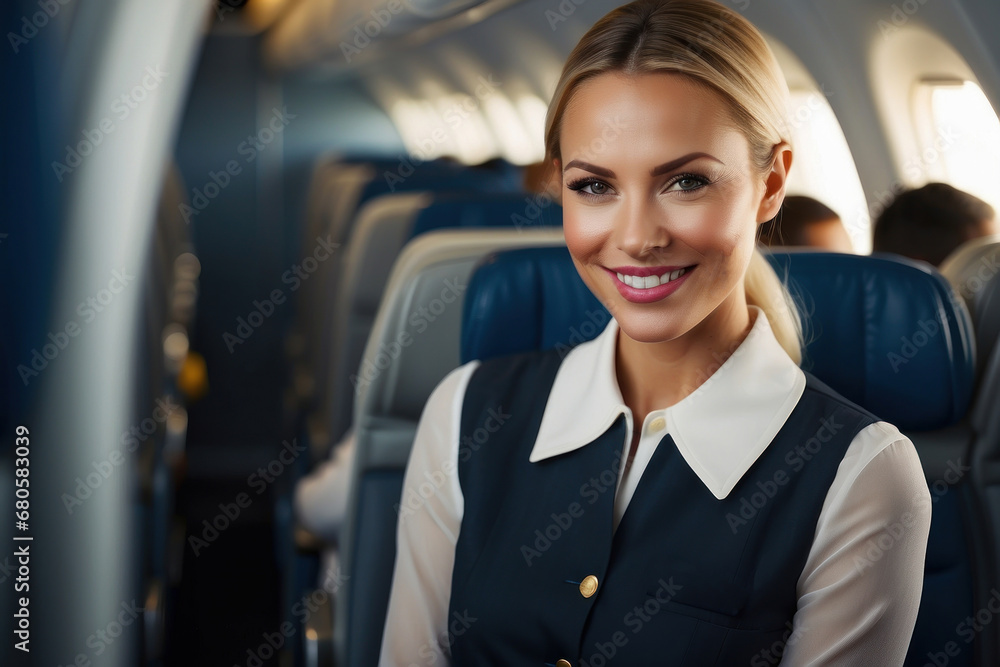 Portrait of a beautiful stewardess girl. flight attendants on the plane ...