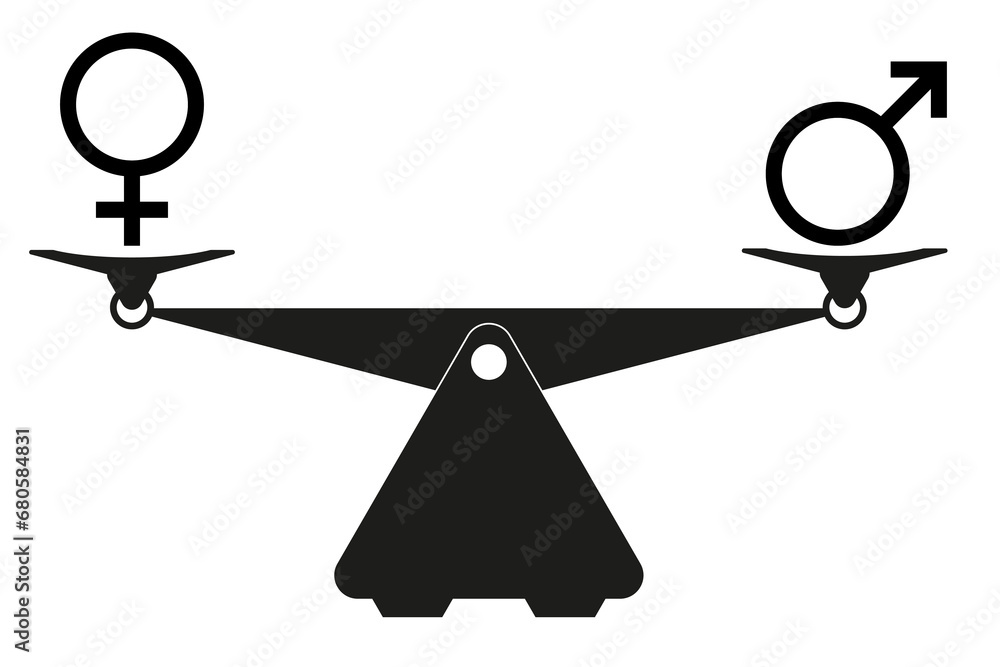 Gender equality. Male and female sign with weight machine. Male and ...