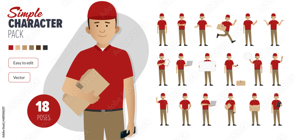 Simple flat delivery driver courier worker vector character in a set of ...
