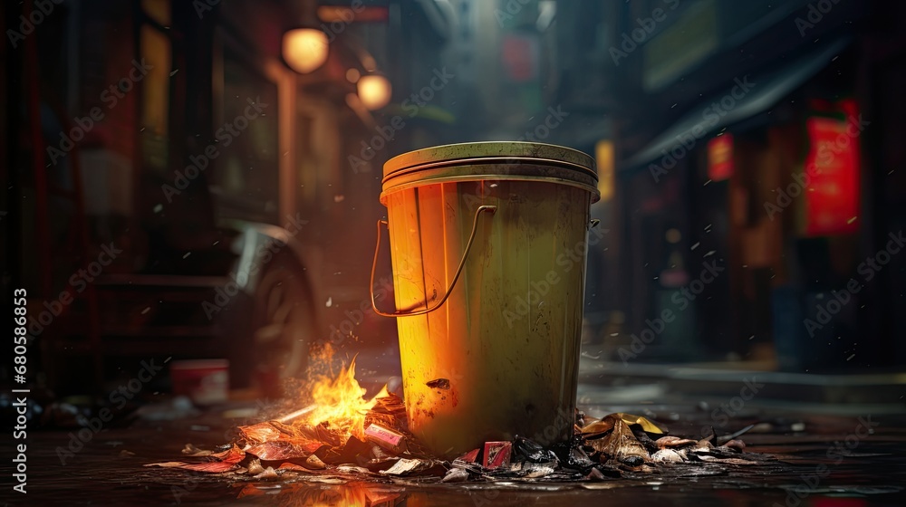An overflowing trash can in a public space, evoking a sense of disgust ...