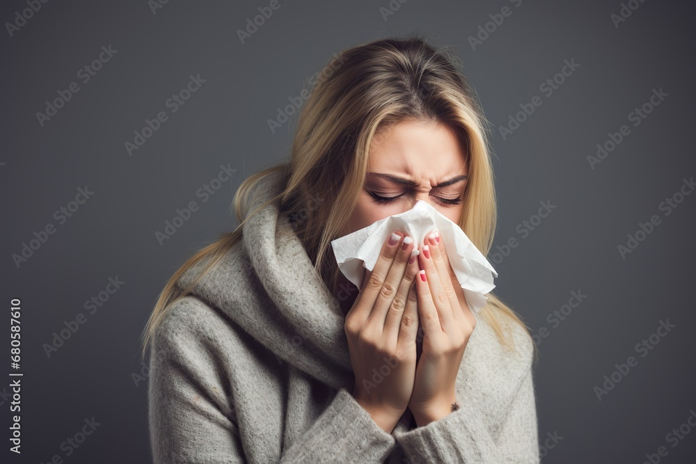 Sick young woman, with wrinkled nose, blowing her nose and fever ...