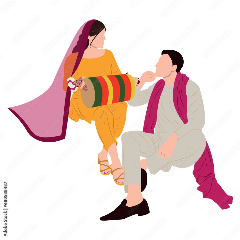 wedding bride and groom illustration wearing mehndi ceremony dresses ...