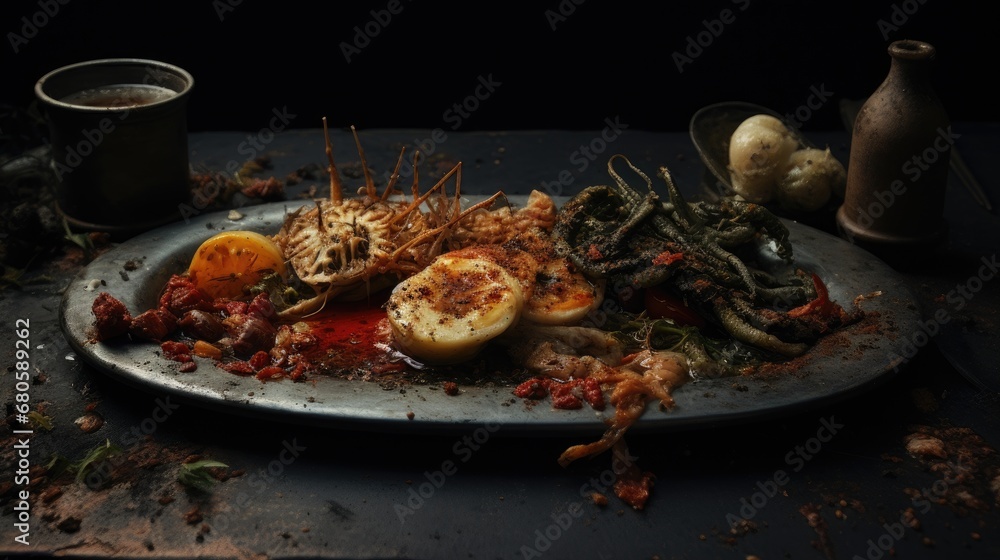 Rotting food on a plate, evoking a sense of disgust. Focus on the food ...