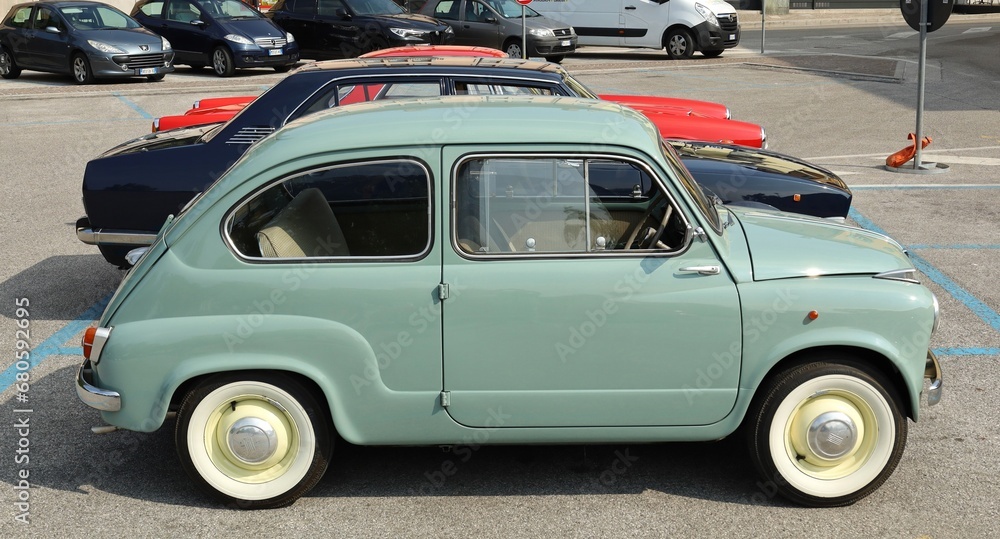 Udine, Italy. June, 10 2023. Side view of the iconic Fiat 600, Fifties ...
