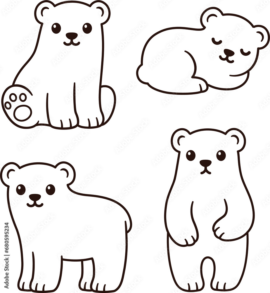 Cute cartoon bear cubs line art drawing set. Black and white outline ...