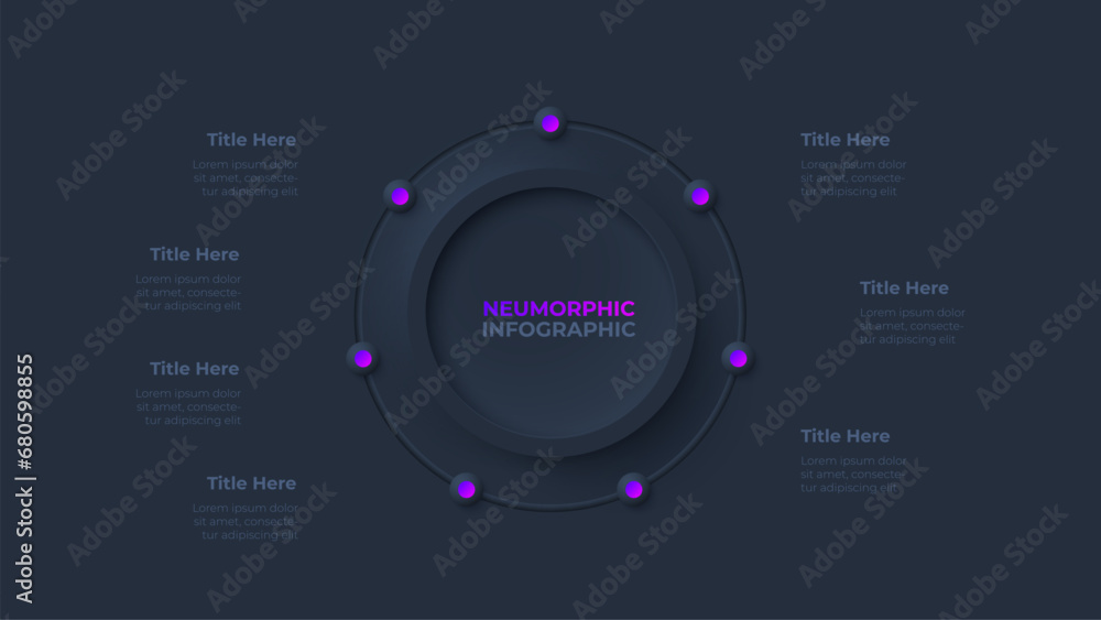 Cycle diagram with 7 options or steps. Dark infographic neumorphism ...