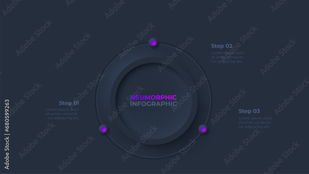 Cycle diagram with 3 options or steps. Dark infographic neumorphism ...