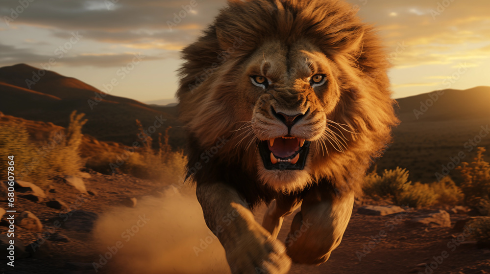 Barbaric Lion Galloping for the Strike, Claws Unfolded for a Deadly Hit ...