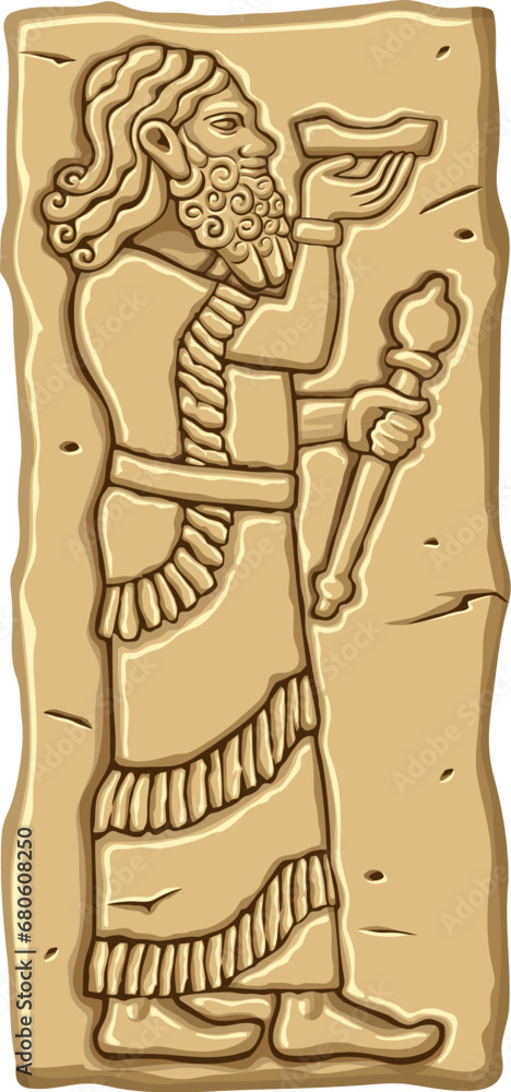 Sumerian stone figure. Akkadian, assyrian old sculpture on walls ...