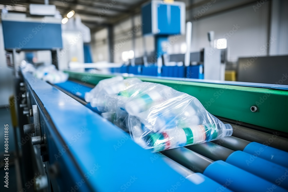Conveyor assembly line with garbage bottles and packaging. Industry ...