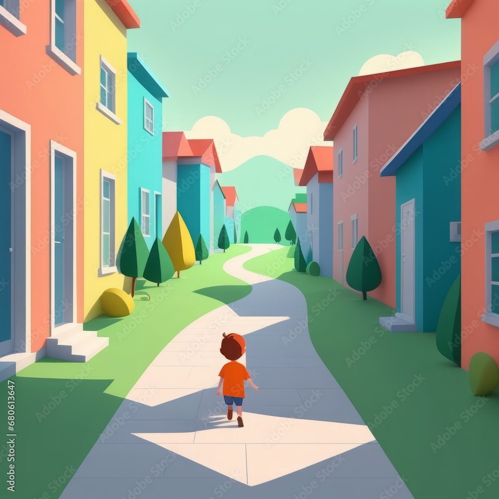 cartoon character of boy running along the road, 3d cartoon character ...