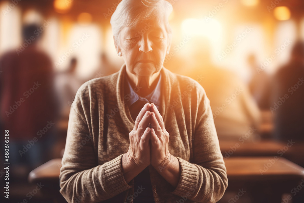 Elder woman pray in church Christian life crisis prayer to god. Hands ...