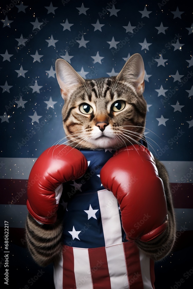 Cat, Boxer, Boxing, USA flag, American, Ironic, Dressed, Poster, Animal ...