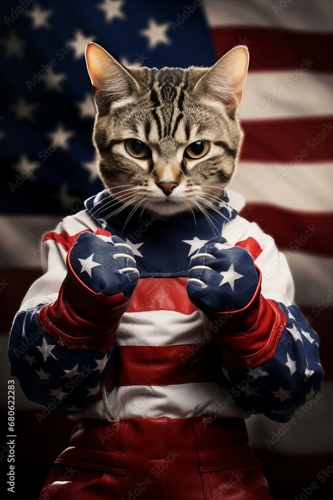 Cat, Boxer, Boxing, U.S. flag, American, Ironic, Dressed, Poster ...