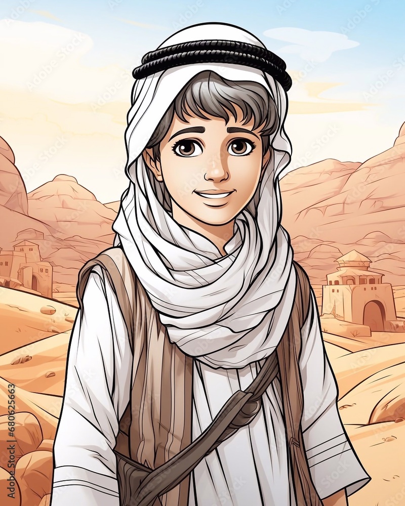 Coloring page of muslim boy, wearing in traditional arab clothes on ...