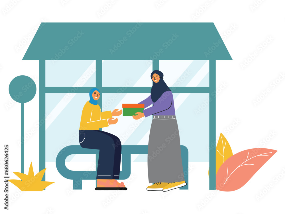 Flat illustration of moeslem people give alms. Ramadan kareem concept ...