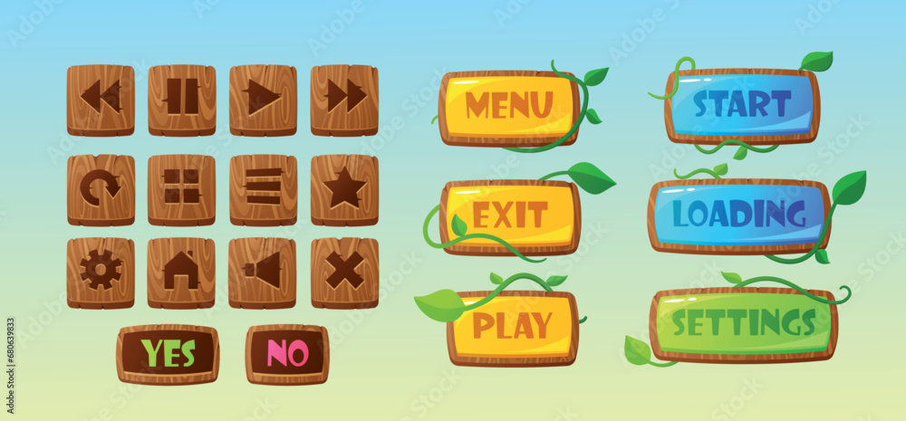 Game Menu Interface, Wooden Board With Buttons Restart, Loading, Play ...