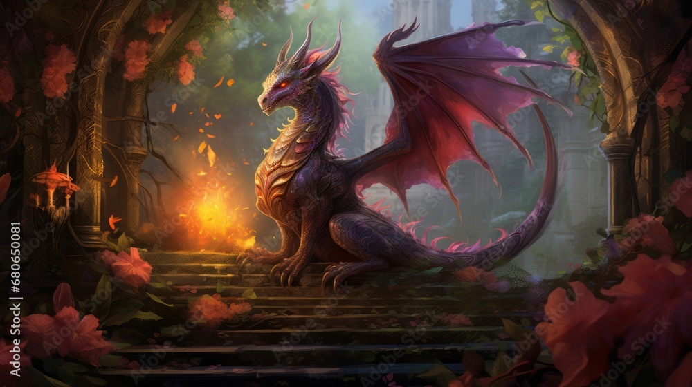 a painting of a dragon sitting on a set of steps in a forest with ...