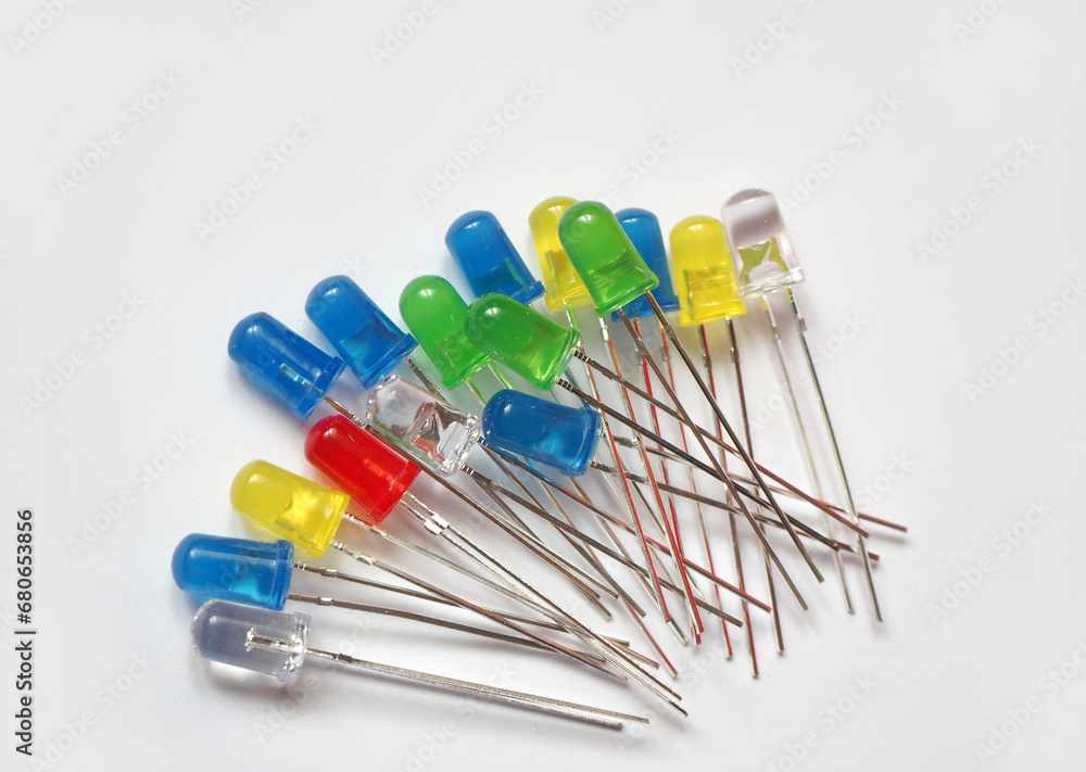 Bunch of LEDs of different colors. Semiconductor lamps in yellow, blue ...