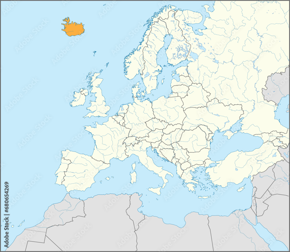 Orange CMYK national map of ICELAND inside detailed beige blank ...