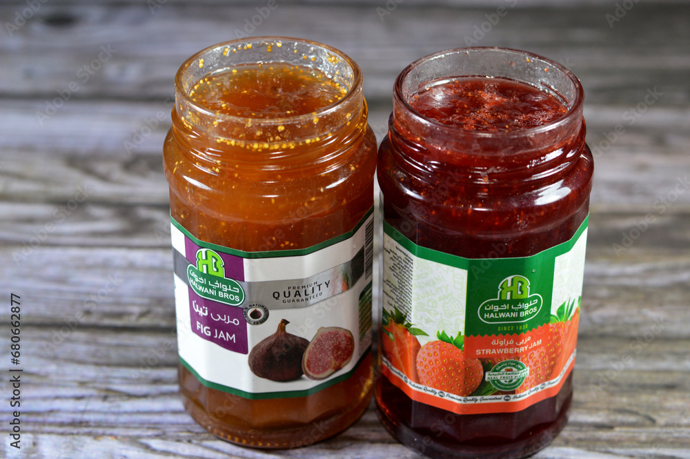 Cairo, Egypt, November 12 2023: Halwani Bros strawberry and fig jam ...