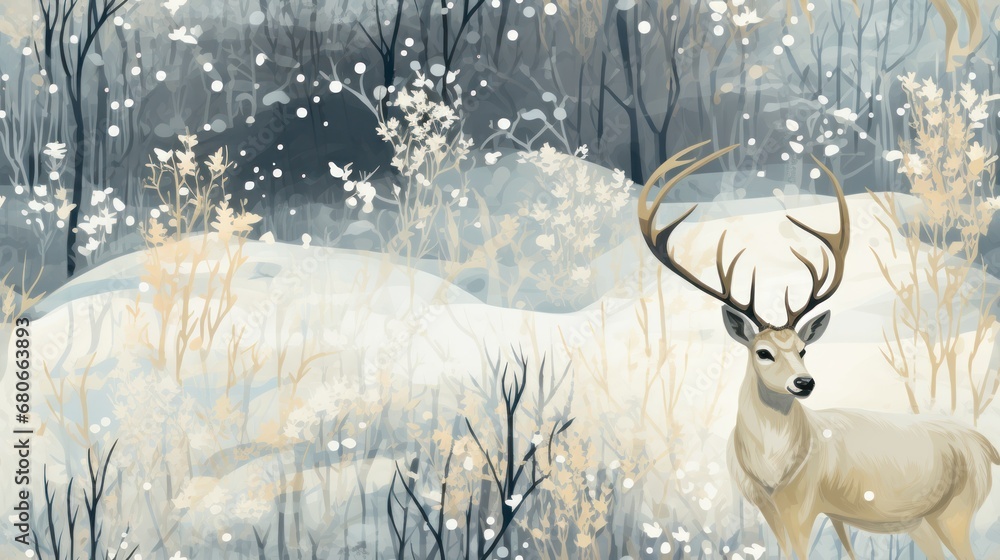 a painting of a deer standing in a snowy forest with snow falling on ...