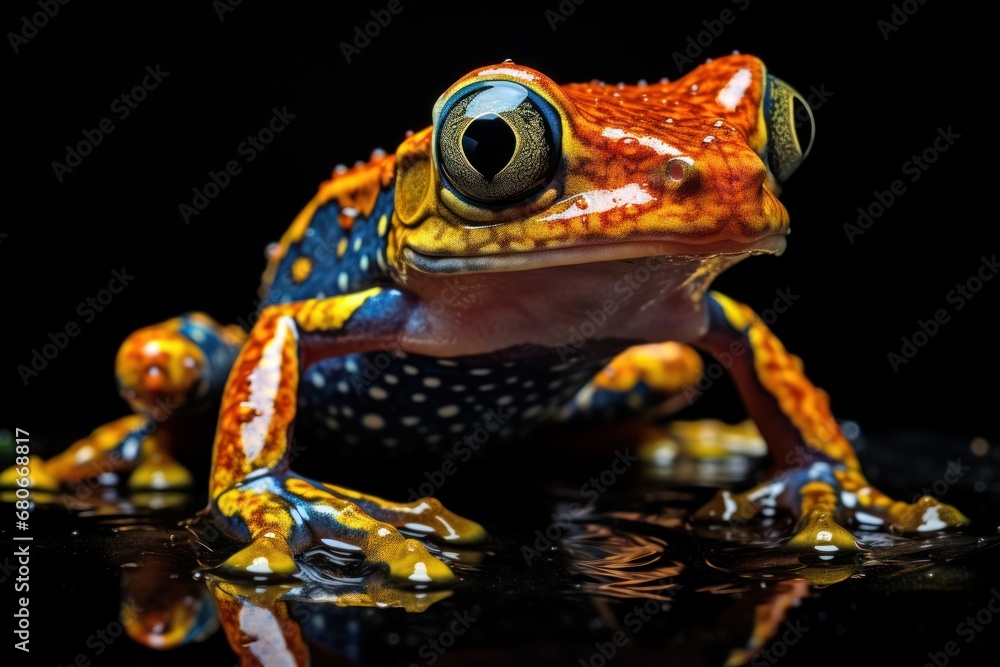 a yellow and blue frog sitting on top of a black surface with a ...
