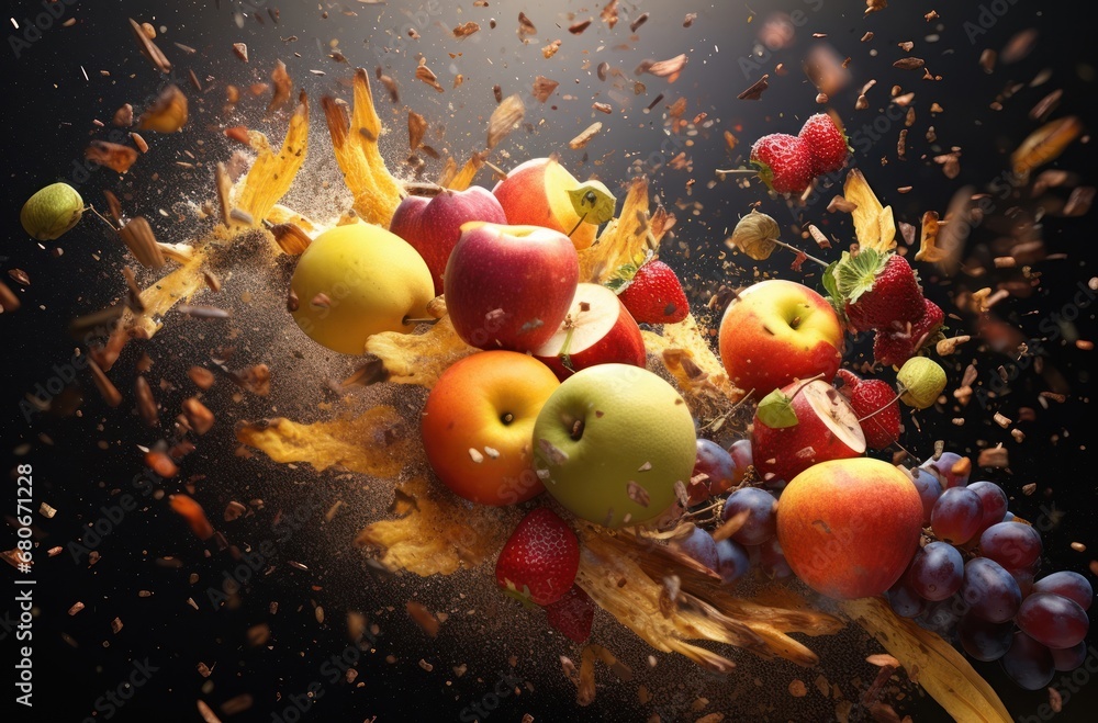 a bunch of fruit flying through the air with a bunch of fruit falling ...