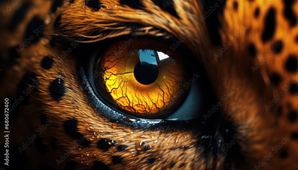a close up of a tiger's eye with yellow and black spots on it's face ...