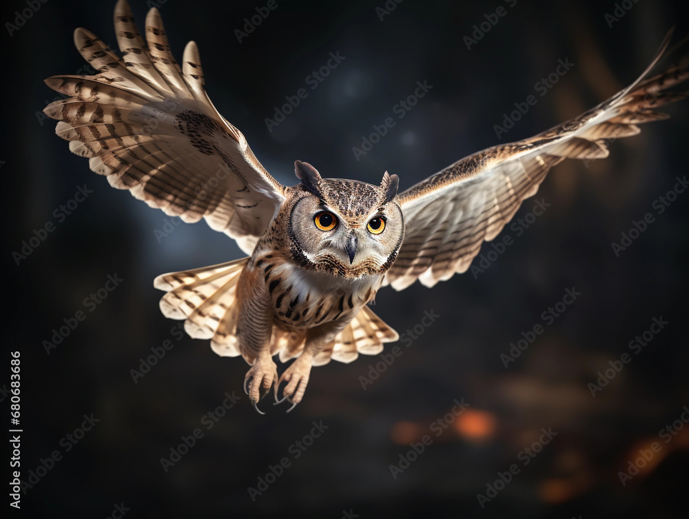 Mystical owl in flight, feathers detailed, glowing eyes, starry night ...