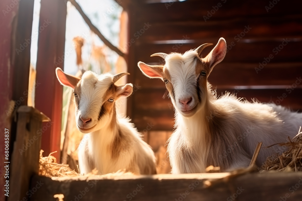 Goats in the stable on a bustling goats farm, highlighting the ...