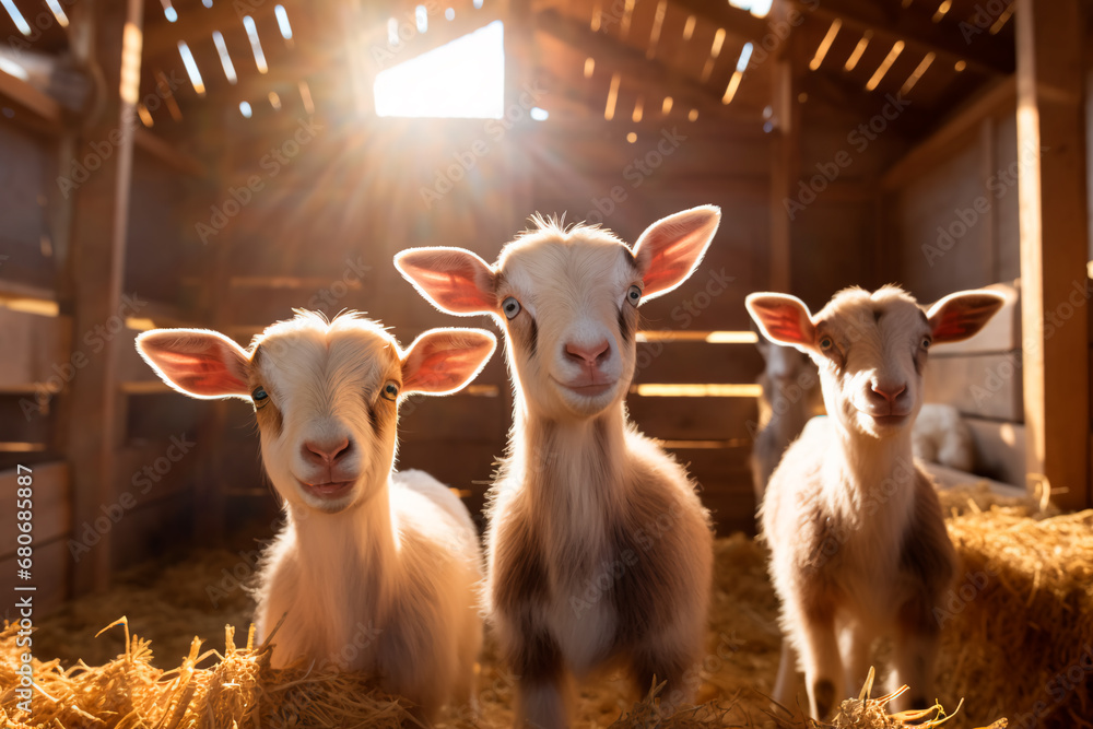 Goats in the stable on a bustling goats farm, highlighting the ...