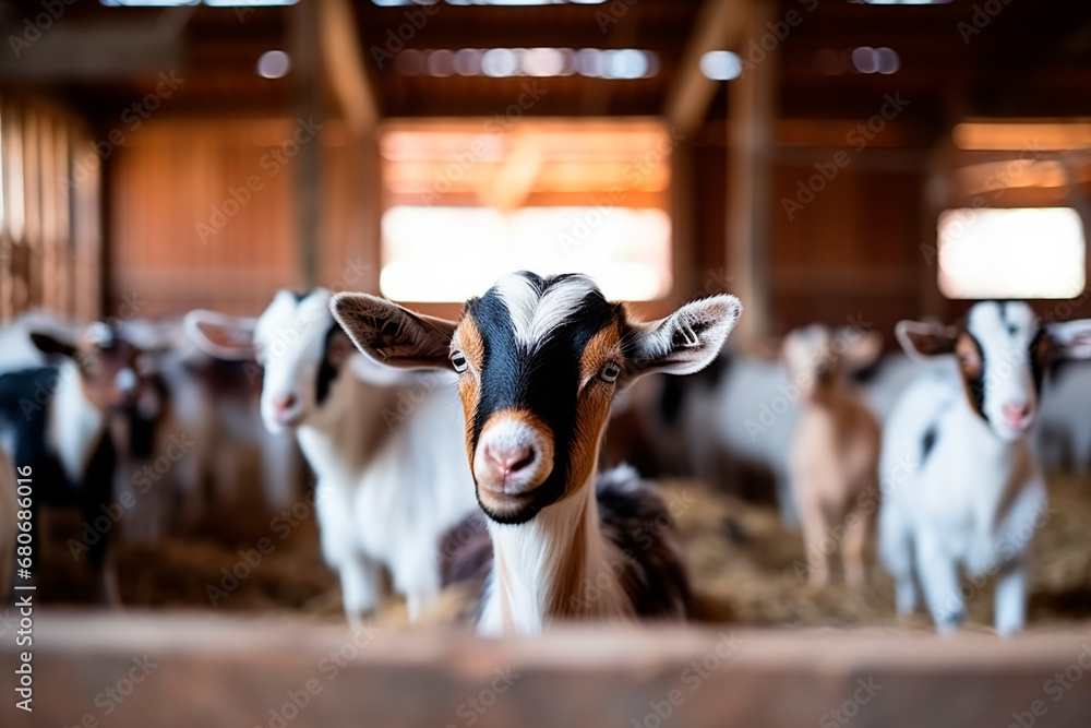 Goats in the stable on a bustling goats farm, highlighting the ...