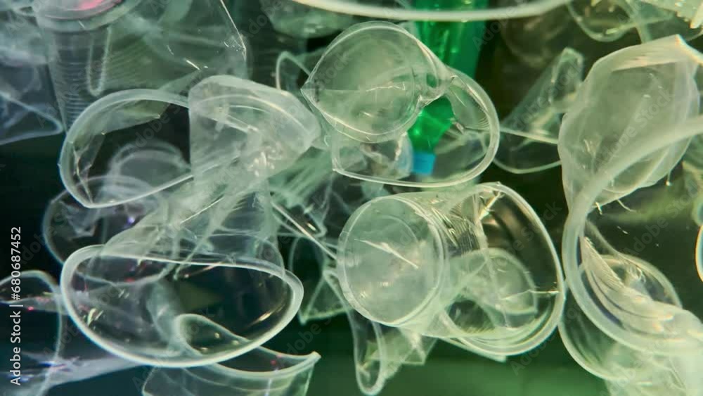 Close-up of plastic debris floating under surface in blue water, Slow ...