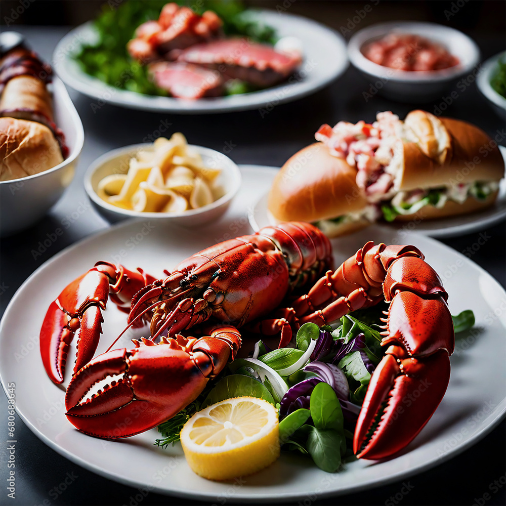 Delicious Mouth Watering Lobster with Steak Salad Buttered Rolls Breathe Taking Lobster Meat and ...