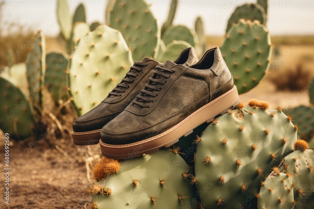 Opuntia cactus and man shoes of organic eco cactus leather on natural ...