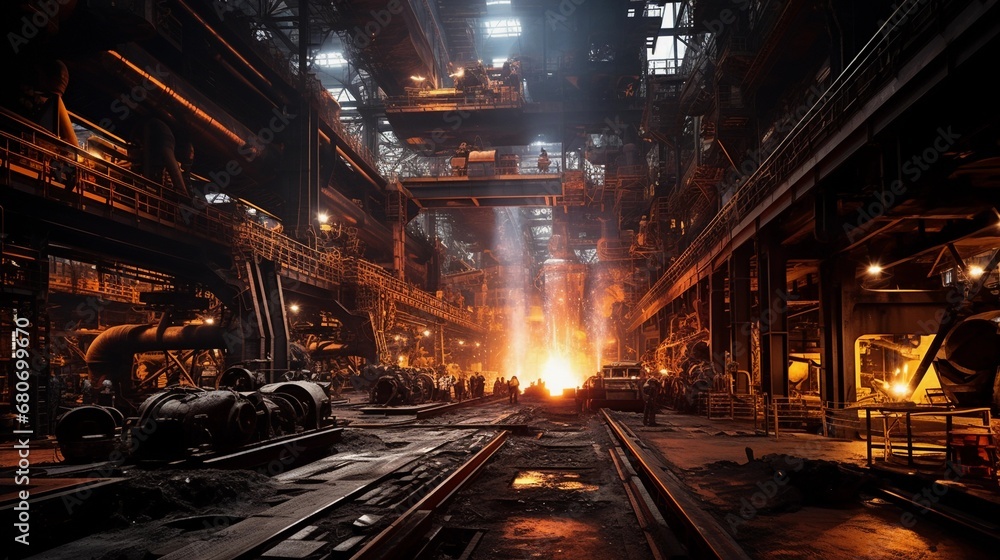 Interior of a steel mill, production of steel structural elements ...