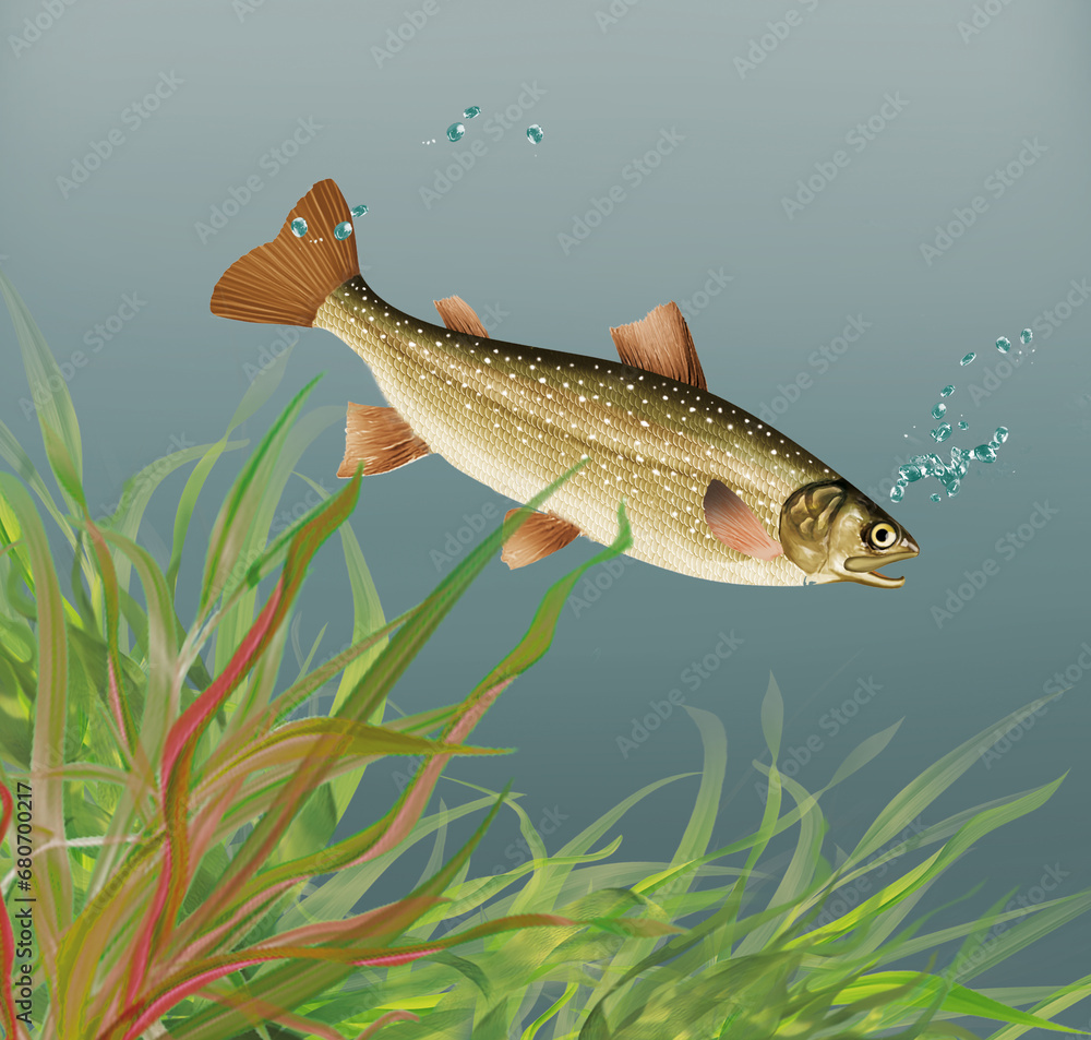 illustration d'un poisson omble chevalier qui nage dans l'eau limpide ...