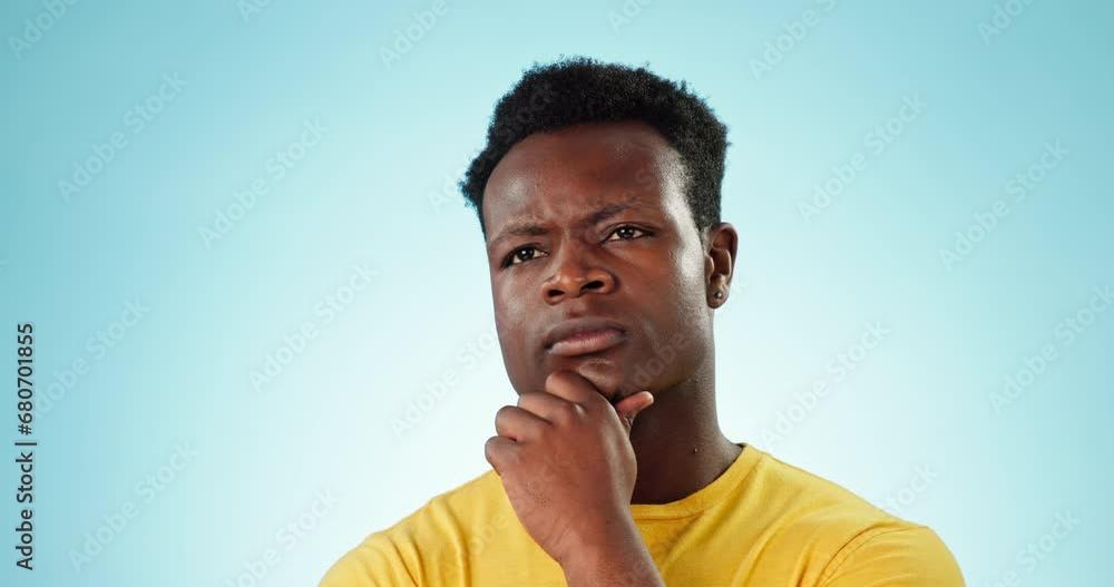 Thinking, questions and black man with solution, brainstorming and ...