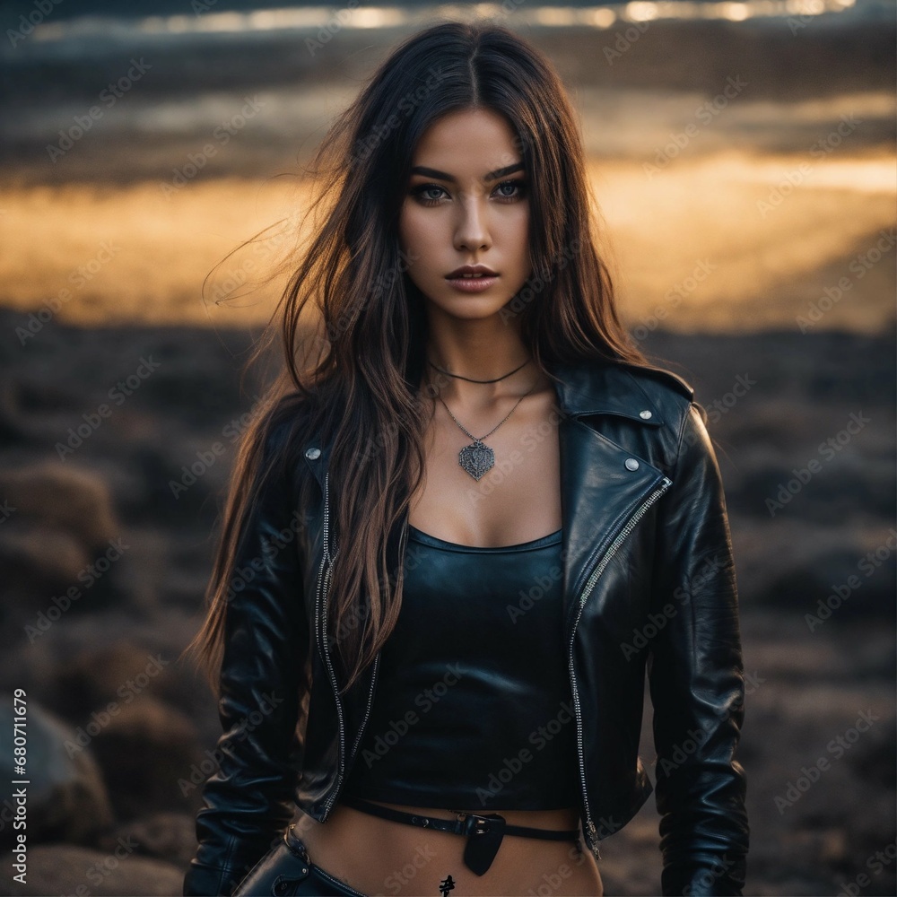 Beautiful rock model young girl in fantasy world, wearing black leather ...