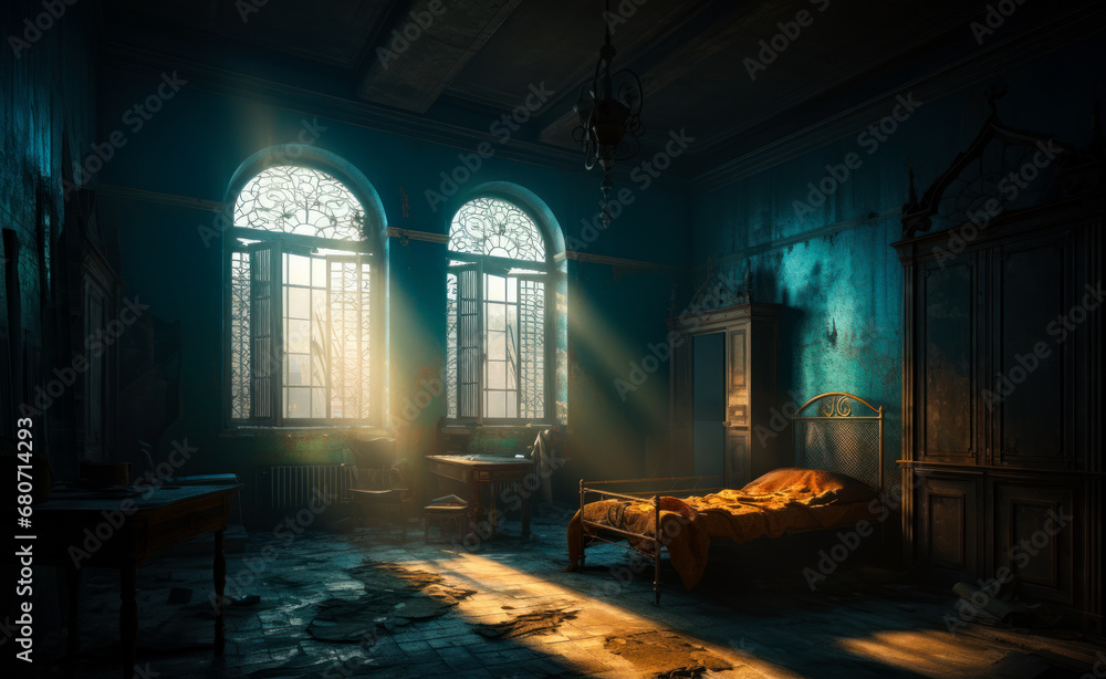 An inside shot of the prison room. A dark room with two windows and a ...