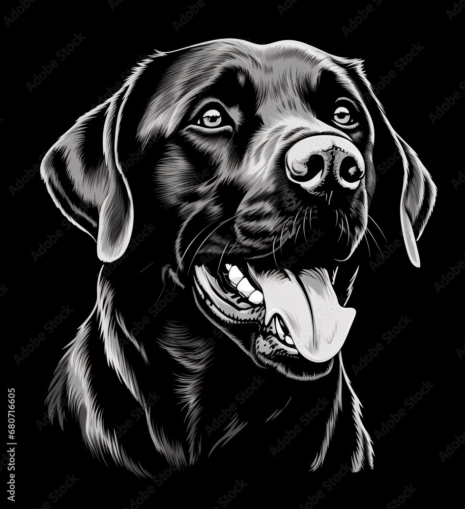 a black drawing of a labrador dog head, stencil art, detailed character ...