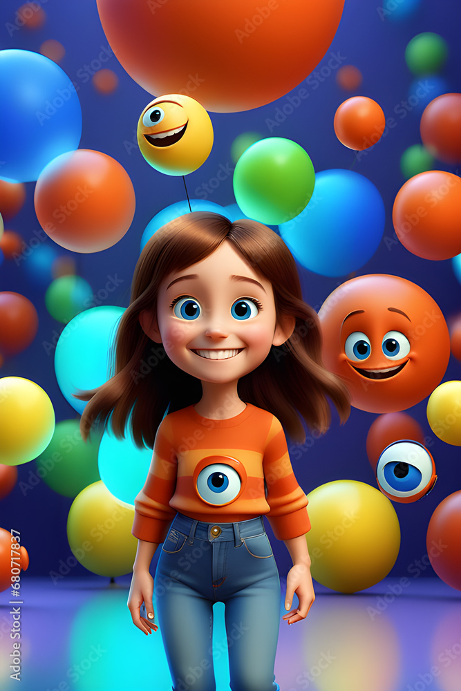 3d girl smiling animation monter inc style bright background head to ...