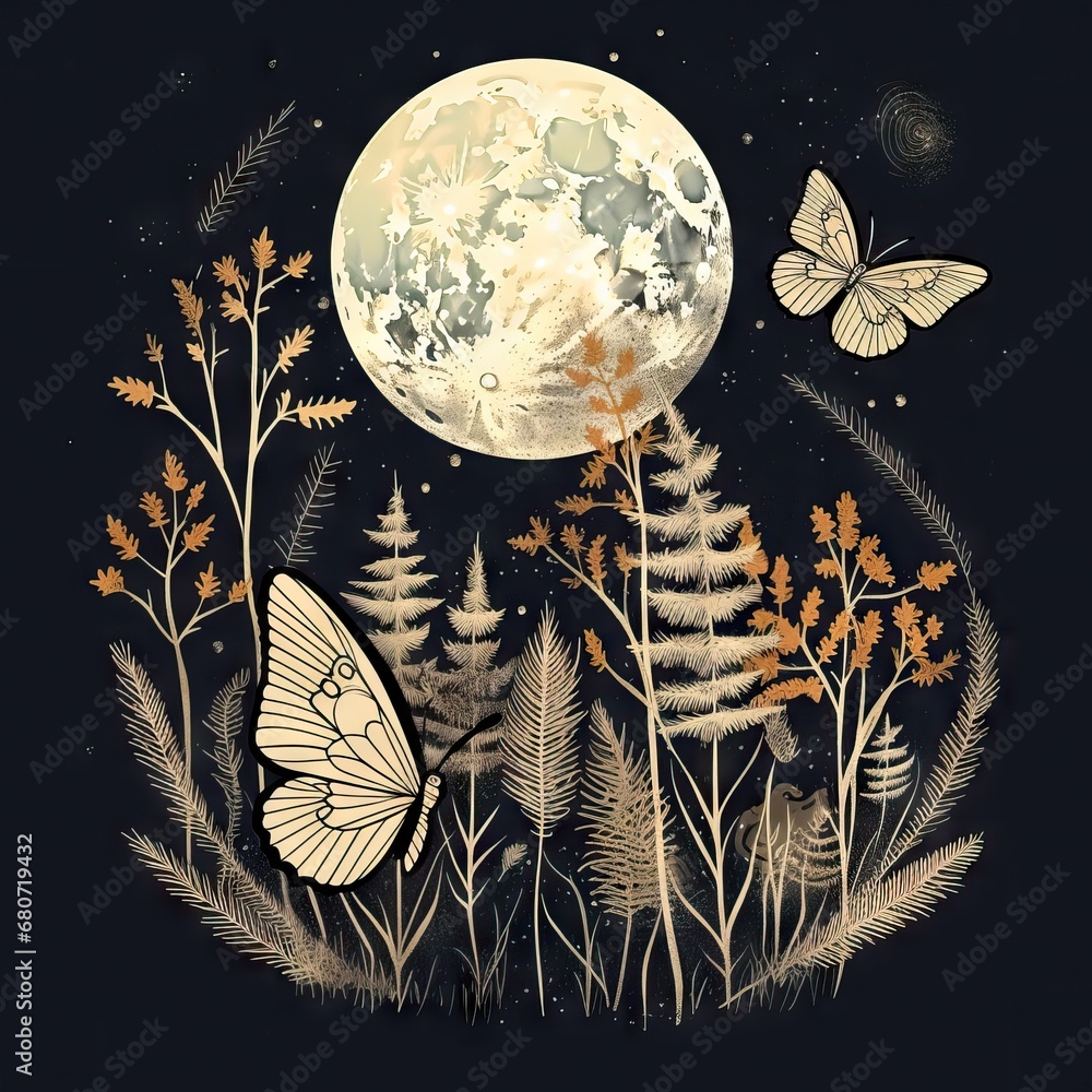 Moon butterfly with flowers, herbs, stars. Butterfly and moon on black ...
