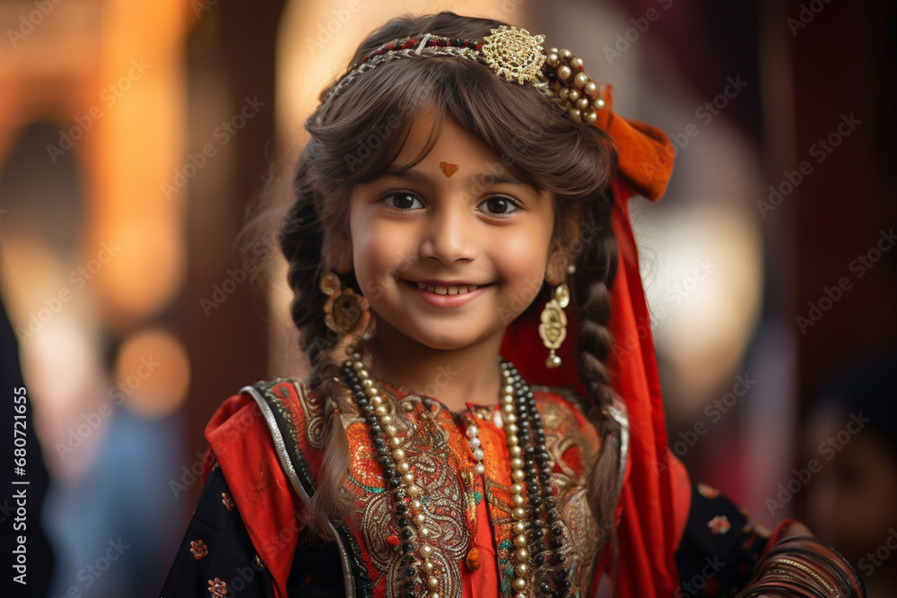 A little girl from the Sindhi community in South Asia, adorned in ...