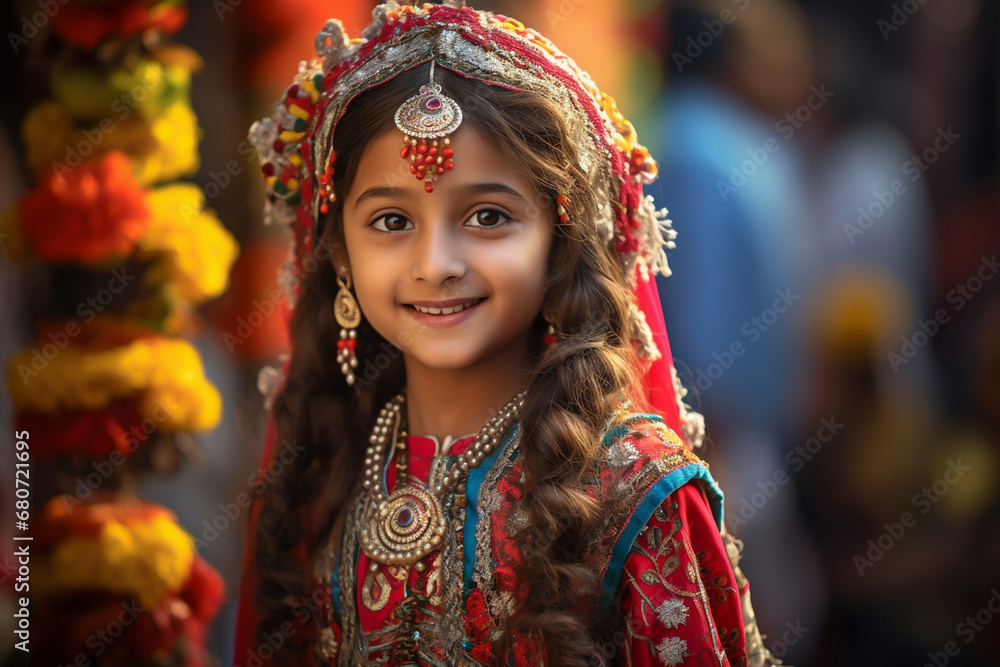 A little girl from the Sindhi community in South Asia, adorned in ...