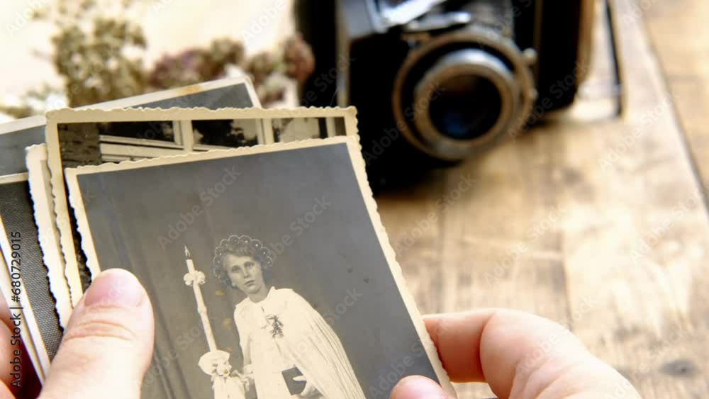 female hand hold old family photos, stack of old family vintage ...