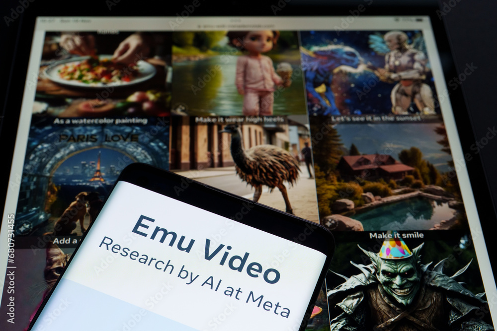 Emu Video tool logo seen on smartphone and its examples on the background. New AI video ...