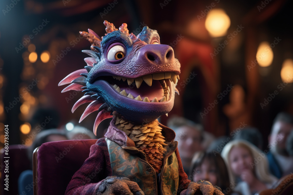 A dragon puppet captivating an audience in a lively puppet show ...
