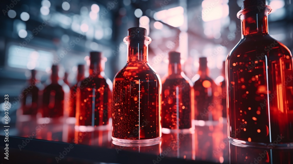 lab glass bottles filled with red liquid bokeh precision engineering ...